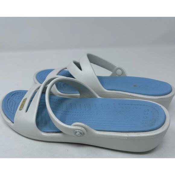 CROCS | Shoes | Crocs Womens White Blue Strappy Patricia Wedge Sandals Size W6 | Poshmark